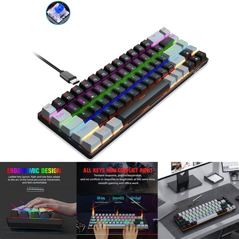 Механична клавиатура, 68 клавиша, ABS, RGB жична, със синя LED ...