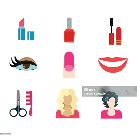 평면 스타일 현대 미용실 메이크업 머리 살롱 웹 응용 프로그램 개념 아이콘 세트 립스틱 매니큐어 마스카라 머리카락 Curlers 눈 메이크업 가짜 손톱이 위 빗 금발 미소