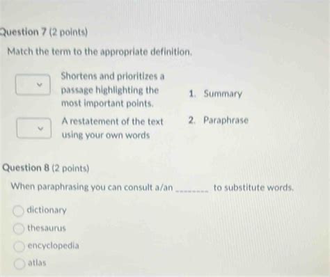 Solved Question 7 2 Points Match The Term To The Appropriate Definition Shortens And
