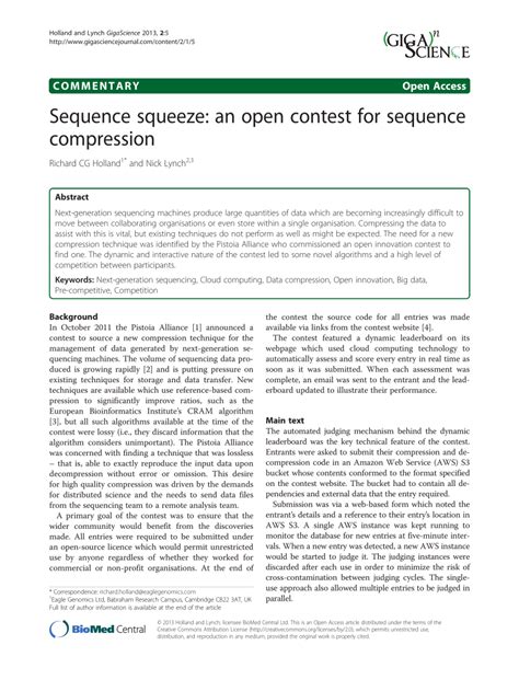 Pdf Sequence Squeeze An Open Contest For Sequence Compression