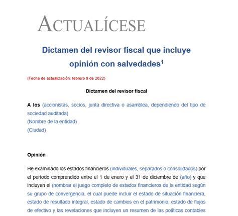 Dictamen Del Revisor Fiscal Con Opinión Con Salvedades Actualícese