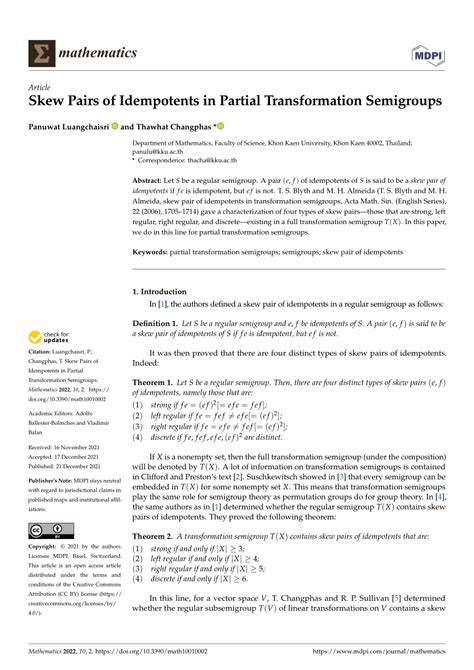 Pdf Skew Pairs Of Idempotents In Partial Transformation Semigroups