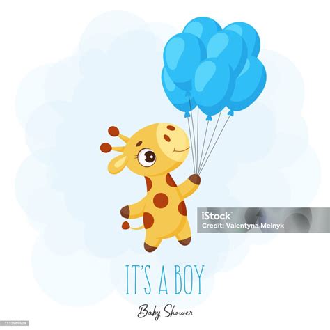 파란색 풍선에 비행 귀여운 작은 기린 베이비 샤워 인사말 카드 소년야라는 문구가 있는 재미있는 만화 캐릭터 밝은 색상의 유치한