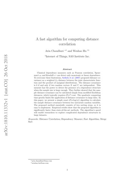 Pdf A Fast Algorithm For Computing Distance Correlation