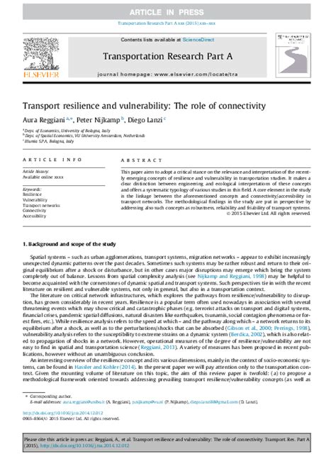 Pdf Transport Resilience And Vulnerability The Role Of Connectivity