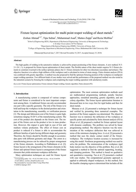 Pdf Fixture Layout Optimization For Multi Point Respot Welding Of Sheet Metals