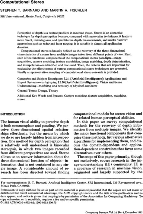 Computational Stereo Acm Computing Surveys