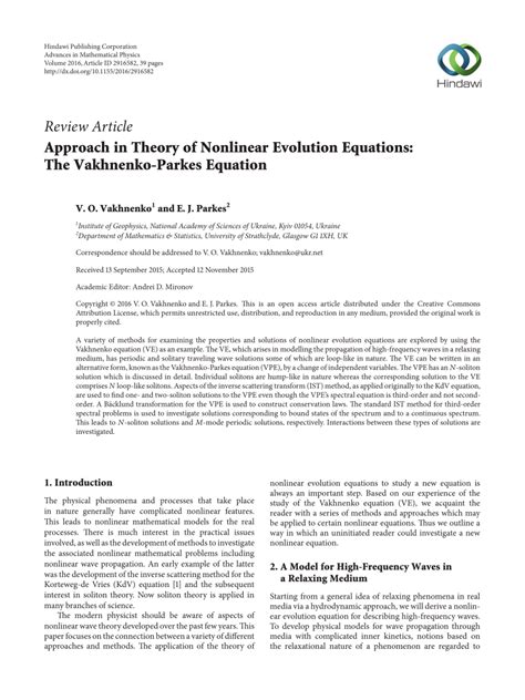 Pdf Approach In Theory Of Nonlinear Evolution Equations The Vakhnenko Parkes Equation
