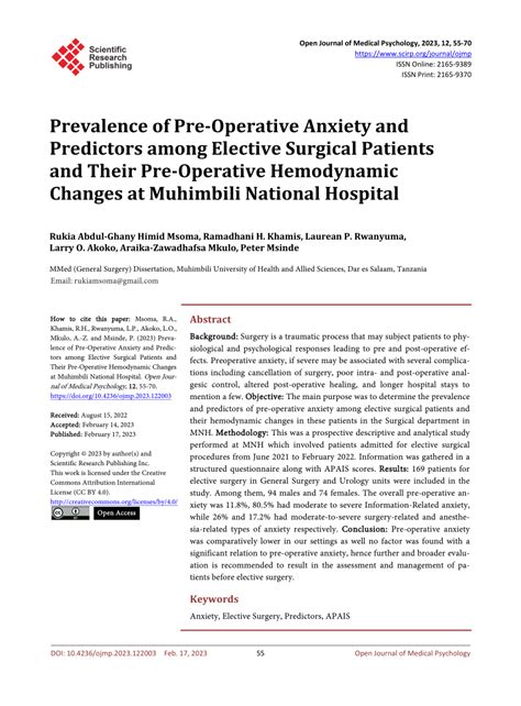 Pdf Prevalence Of Pre Operative Anxiety And Predictors Among Elective