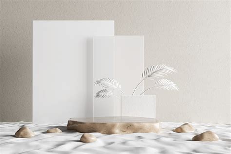 대리석 석회암 베이지 색 연단 파티션 흰색 콘크리트 야자 잎 및 하얀 모래 또는 해변에 맑은 유리 받침대 디스플레이 광고 화장품 미용 제품 또는 스킨 케어 강단에 대한 스톡