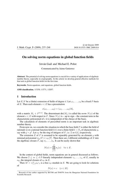 Pdf On Solving Norm Equations In Global Function Fields