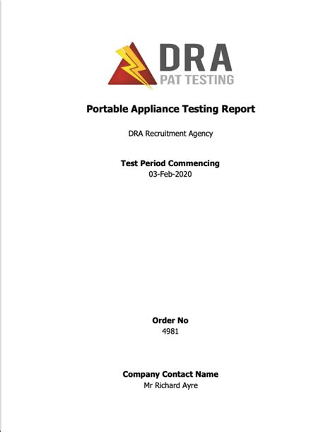 Front Cover From PAT Testing Certificate By DRA PAT Testing