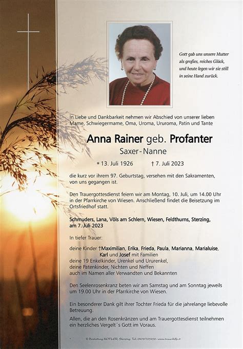 Anna Rainer Aus Pfitsch Trauerhilfe It Das Südtiroler Gedenkportal