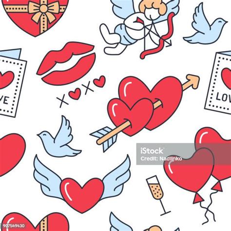 발렌타인 데이 완벽 한 패턴입니다 사랑 로맨스 플랫 라인 아이콘하트 초콜릿 키스 큐 피드 비둘기 발렌타인 카드 레드 화이트 블루 벽지 2 월 14 축 하 2월에 대한 스톡