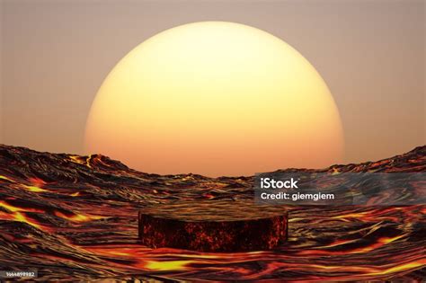 3d 렌더링 플랫폼 및 천연 연단 용암 암석은 마그마와 용암 분출 및 제품 디스플레이 빈 쇼케이스 모형 템플릿 프레젠테이션 등을 위한 태양 배경 일몰과 함께 화산에서