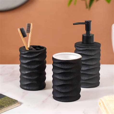 Black Ceramic Bath Set Of 3 Stone Textured Online Premium Bath Set