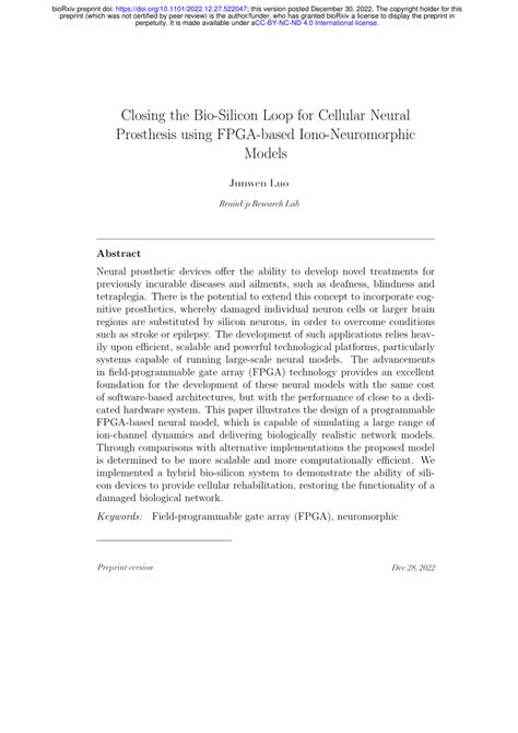 Pdf Closing The Bio Silicon Loop For Cellular Neural Prosthesis Using