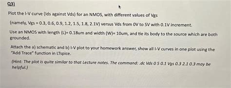 Solved Q3 Plot The I V Curve Ids Against Vds For An NMOS Chegg Com