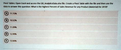 Pivot Tables Open Excel And Access The GBAnalyticsData Xlsx File Create A Pivot Table With The