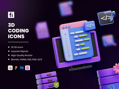 3d Coding Icon Set Flat Icons