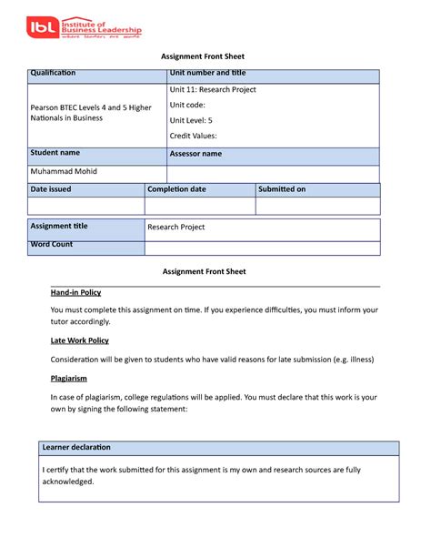 Unit 11 Research Project Hnd Level 5 Assignment Assignment Front