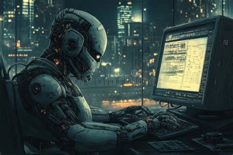 Robot Software Engineer Working Late At Night In Office With City View Stock Image Image Of