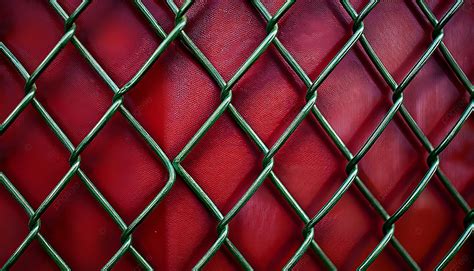 Green Chain Link Fence Against A Deep Red Background Geometric Texture Chain Link Fence