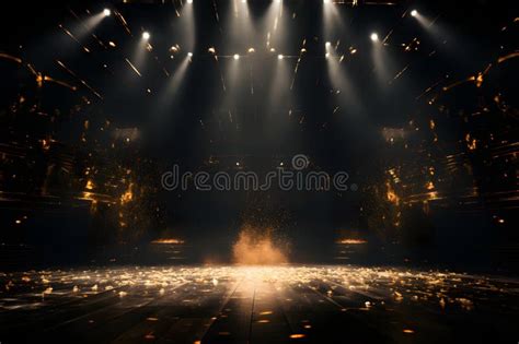 The Empty Performance Stage Had Lights Shining All Over It Most Of The Light Was Golden Stock