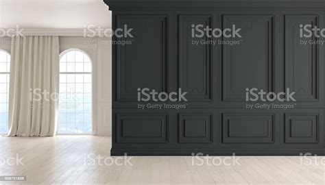 클래식 빈 인테리어 검은 벽 나무 바닥 창 및 커튼 3d 그림을 렌더링 합니다 0명에 대한 스톡 사진 및 기타 이미지 0명 건축 검은색 Istock