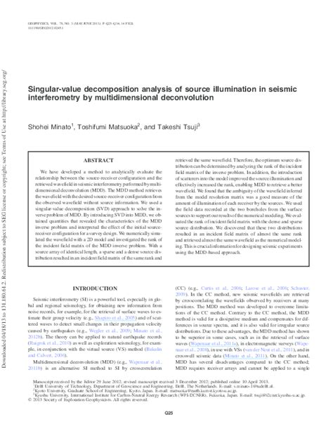 Pdf Singular Value Decomposition Analysis Of Source Illumination In Seismic Interferometry By