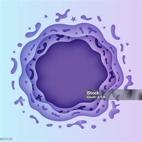 종이 컷 스타일로 둥근 밤 하늘 구름 추상적 인 구멍 보라색과 파란색 그라데이션 흐린 풍경 종이 컷 아트와 3d 요정 배경을 잘라 꿈 같은 벡터 레이어 종이 접기 카드