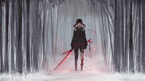 Фотографии Мечи воины Aoi Ogata Аниме молодая женщина Снег 1920x1080