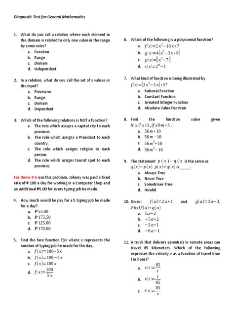 Diagnostic Test General Mathematics Download Free Pdf Function Mathematics Exponential