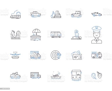 교통 및 여행 개요 아이콘 모음입니다 교통 여행 여행 버스 택시 자동차 철도 벡터 및 일러스트레이션 개념 집합입니다 비행 항공사 크루즈 선형 표지판 개인 운전사에 대한 스톡