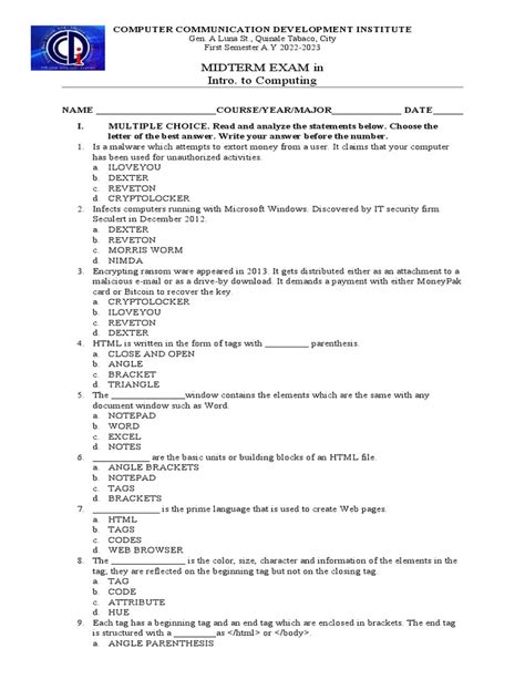 Midterm Exam Pdf Computer Virus Malware