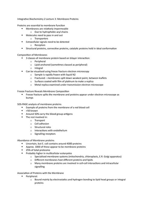 Lecture 3 Notes Membrane Proteins Integrative Biochemistry 2 Lecture 3 Membrane Proteins