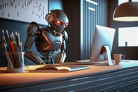현대 사무실에서 일하는 로봇 chatgpt ai 개념 generative ai 프리미엄 사진