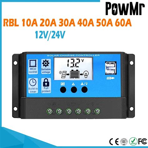 Powmr 자동 태양광 충전 Pwm 컨트롤러 Lcd 듀얼 Usb 60a 50a 40a 30a 20a 10a 12v 24v 5v 3a 출력 Pv 레귤레이터 납산