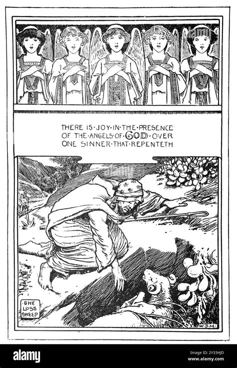 Art Deco Illustration Of The Parable The Lost Sheep With Angels Watching Over There Is Joy In