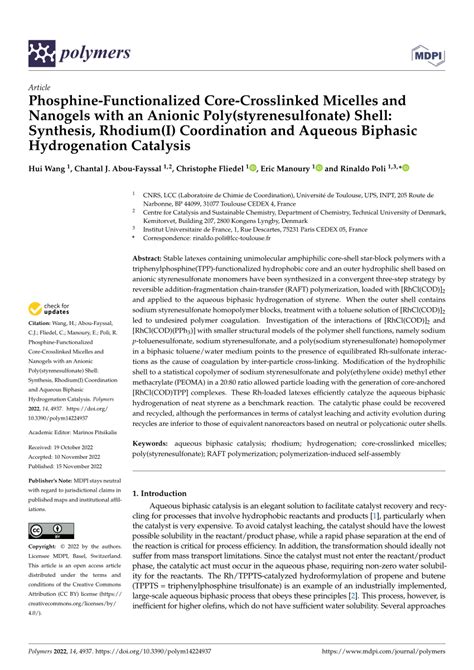 Pdf Phosphine Functionalized Core Crosslinked Micelles And Nanogels With An Anionic Poly