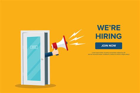 디자인 템플릿 비즈니스 배너를 채용하고 있습니다 고용 모집 사업가는 사무실 의 문에 메가 폰을 보유하고 있습니다 공석이 열립니다 플랫 스타일 벡터 일러스트레이션 문에 대한