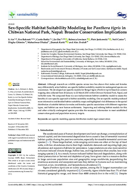Pdf Sex Specific Habitat Modeling Of Bengal Tigers In Nepal