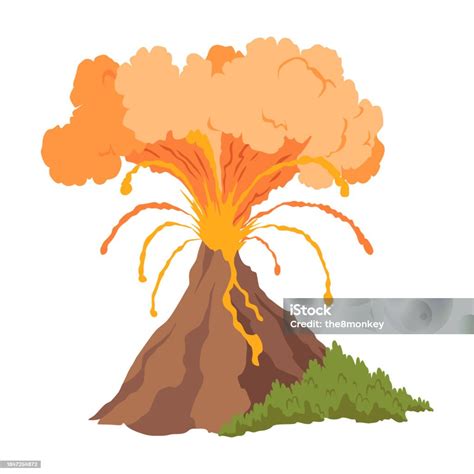 화산 아이콘입니다 연기로 폭발하는 마그마 자연 깨어난 벌컨 활동 화재 및 연기 요소 화산 폭발 평면 만화 벡터 고립 된 그림 구름에 대한 스톡 벡터 아트 및 기타 이미지