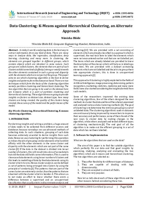 Pdf Irjet Data Clustering K Means Against Hierarchical Clustering An Alternate Approach
