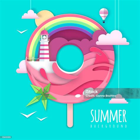 바다 또는 오세안 섬 풍경과 내부 등대가있는 도넛 여름 해변 배경 종이 아트 스타일 디자인을 잘라냅니다 종이 접기 갈매기에 대한 스톡 벡터 아트 및 기타 이미지 Istock