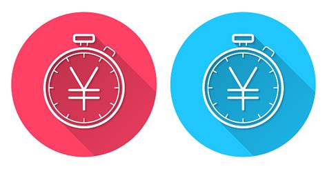 엔 기호가 있는 스톱워치 빨간색 또는 파란색 배경에 긴 그림자가 있는 둥근 아이콘 개념에 대한 스톡 벡터 아트 및 기타 이미지 개념 경제 계시기 Istock
