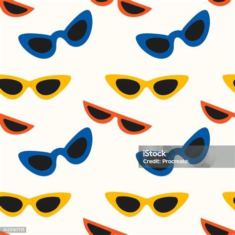 선글라스의 원활한 패턴 레트로 프레임 선글라스 빈티지 패션 플랫 디자인 만화 손으로 그린 만화 벡터 일러스트 레이 션 인쇄용 템플릿입니다 선글라스에 대한 스톡 벡터 아트 및