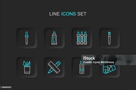 선 색상 팔레트 가이드 문구 나이프 십자형 눈금자와 연필 필통 편지지 페인트 브러시 그리기용 왁스 크레용 페인트가 있는 튜브 및 스포이드 색상 선택기 아이콘을 설정합니다