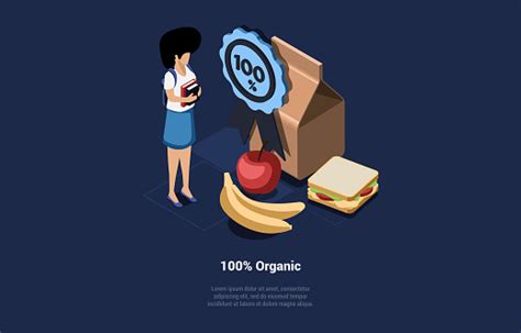 유기농 식품의 개념 건강 및 정크 푸드를 사용한 100 유기농 식품 암호화 만화 캐릭터 영양사는 음식 사과 바나나 및 샌드위치 근처에 서 있습니다 아이소메트릭 3d 벡터