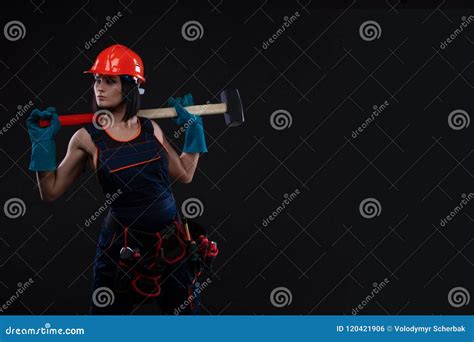 Sex Equality And Feminism Girl In Safety Helmet Holding Hammer Tool